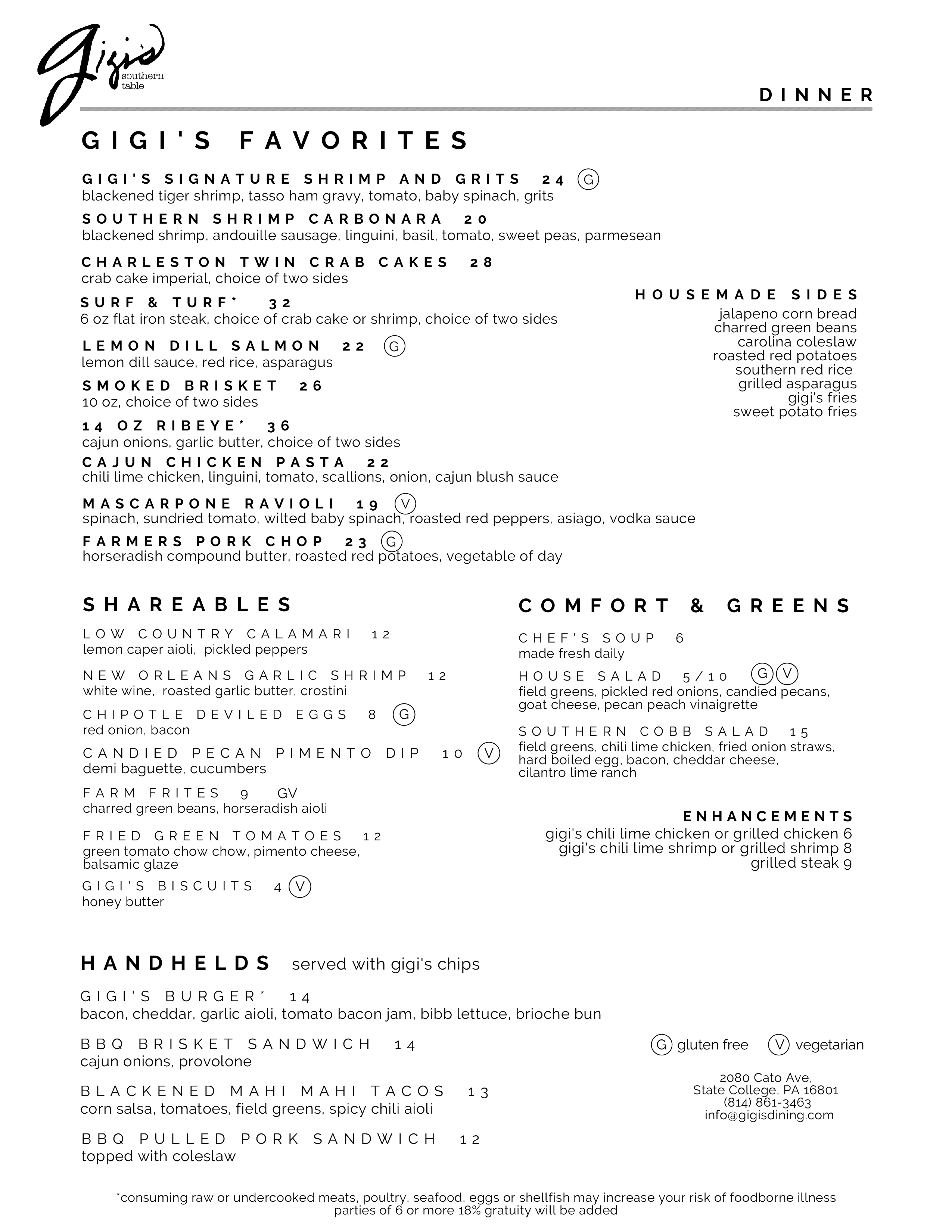 Gigi's Dinner Menu | State College Restaurant | Places to Eat in Central PA