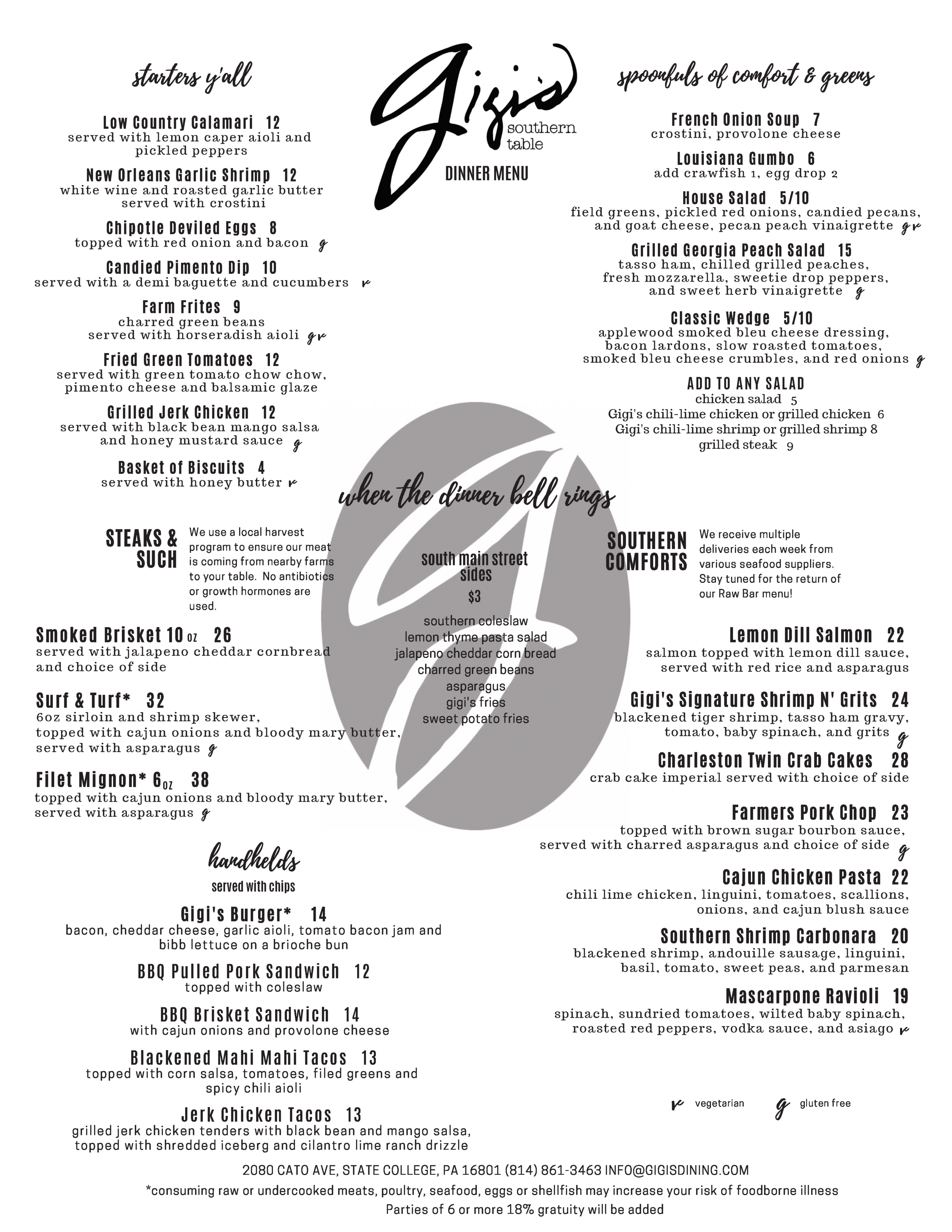 Gigi's Dinner Menu | State College Restaurant | Places to Eat in Central PA