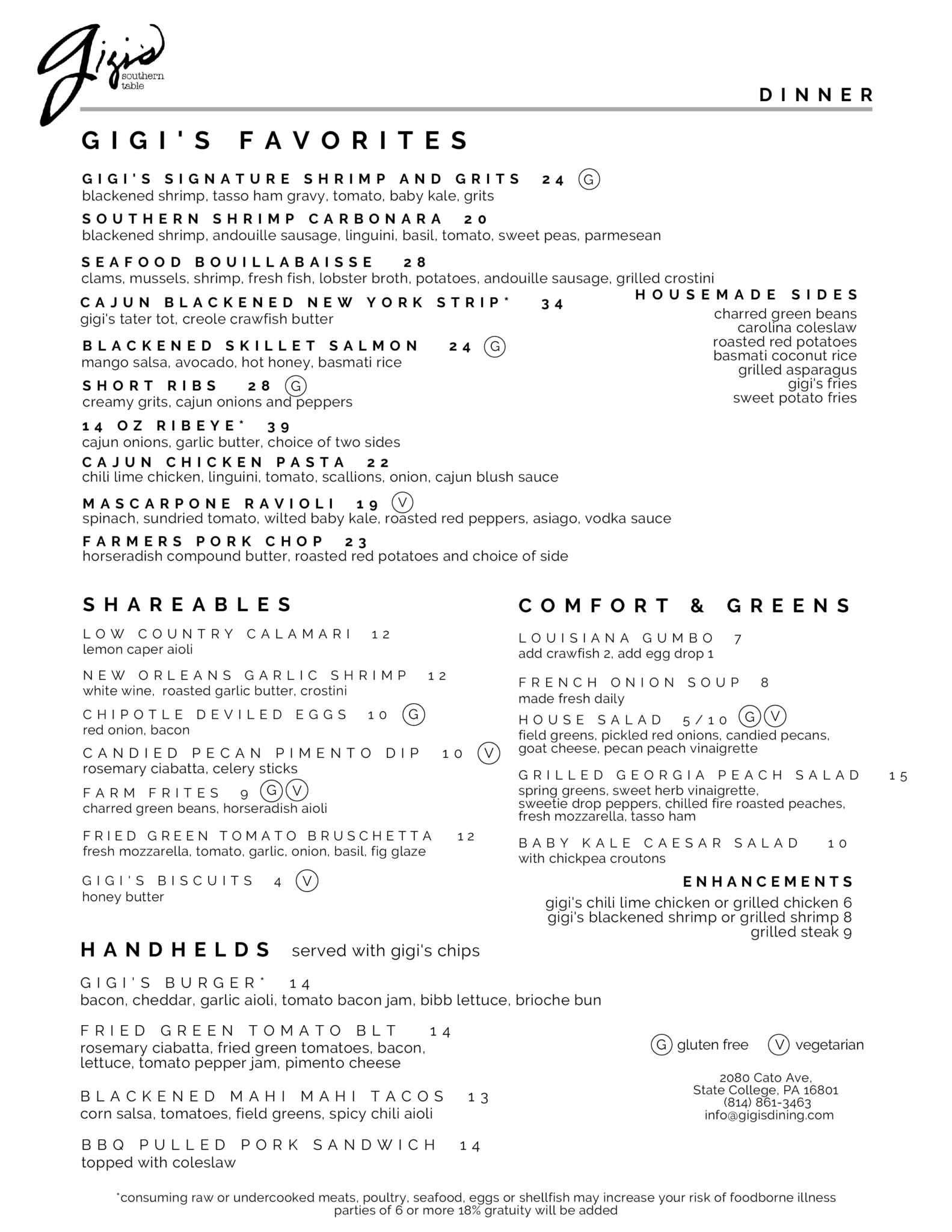 Gigi's Dinner Menu | State College Restaurant | Places to Eat in Central PA