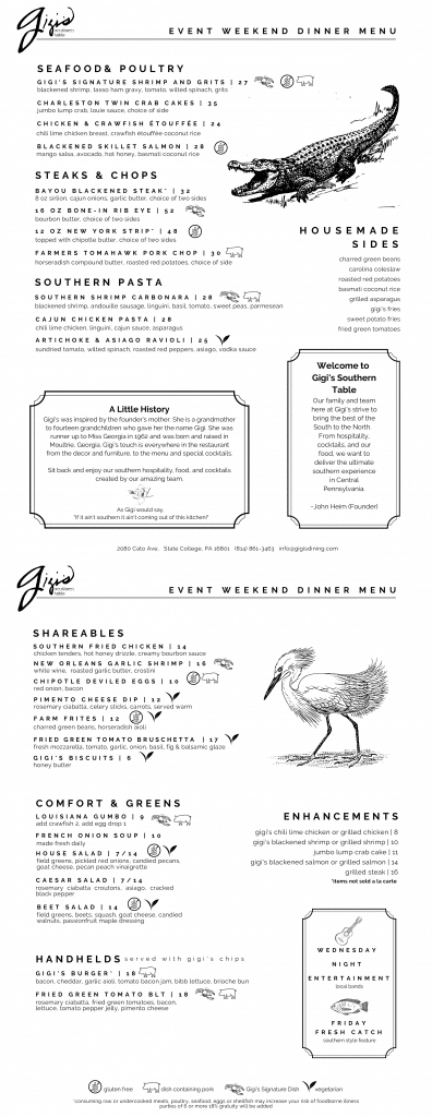 Gigi's Dinner Menu | State College Restaurant | Places to Eat in Central PA