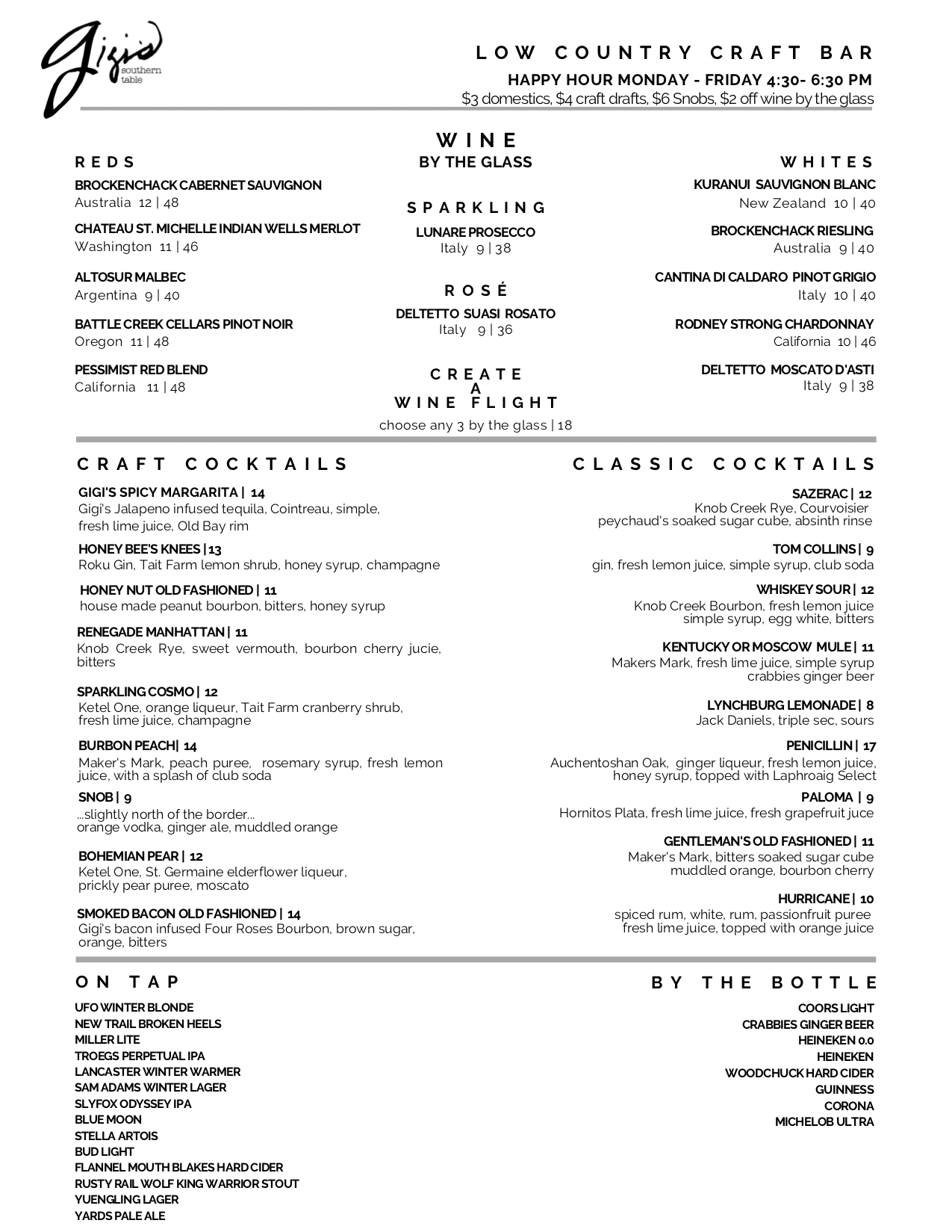 Gigi's Dinner Menu | State College Restaurant | Places to Eat in Central PA