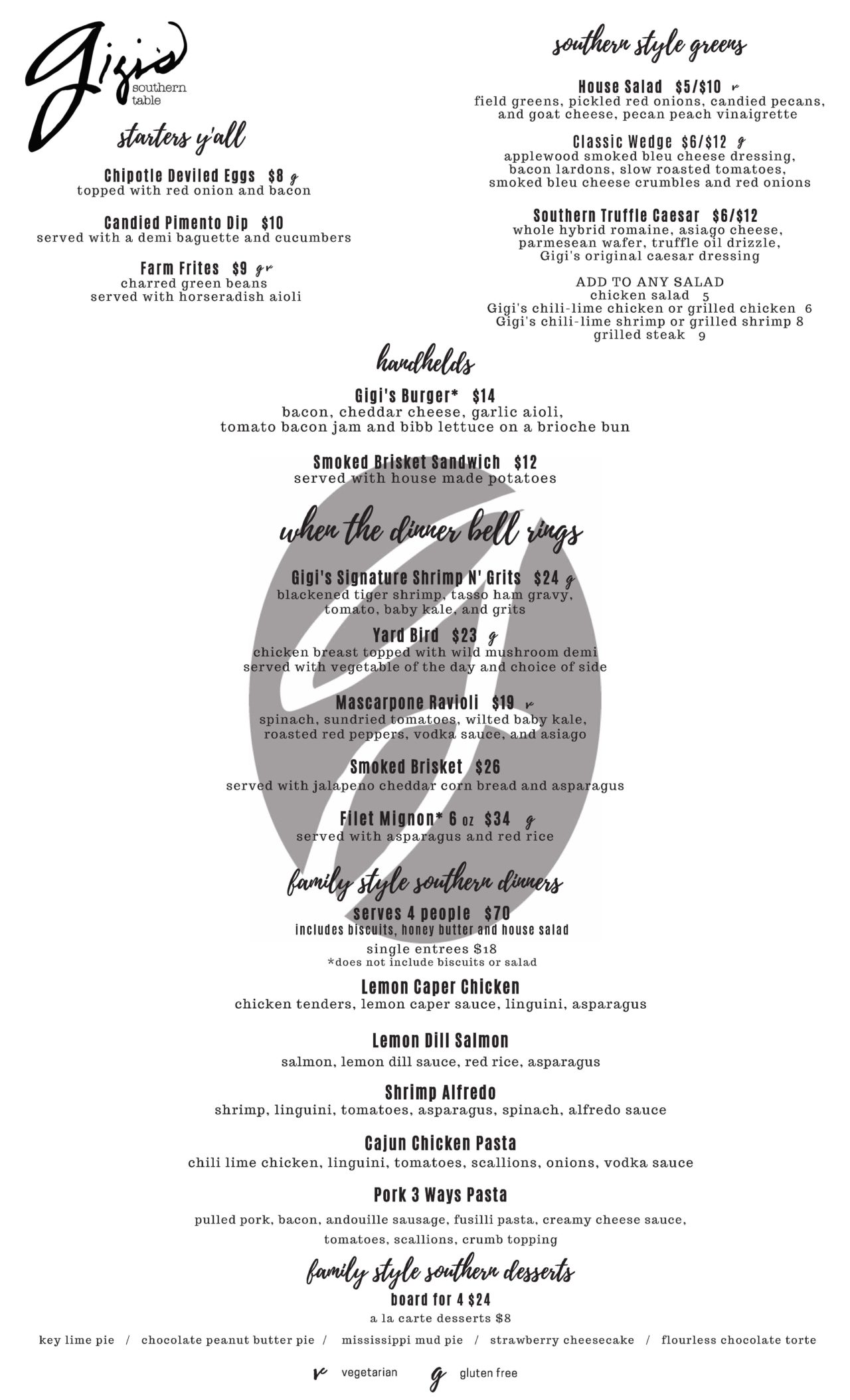 gigis take out menu - Gigi's Southern Table